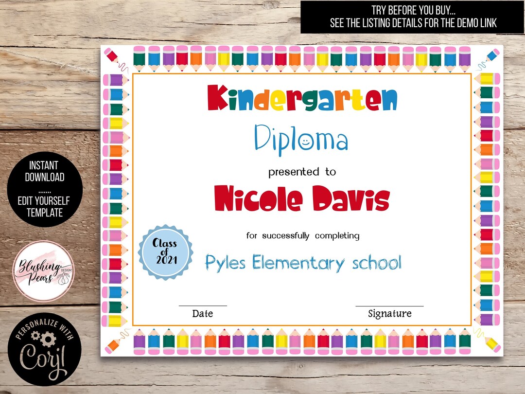 Kindergarten Diploma, 1st Grade School Certificate, Graduation Diploma ...