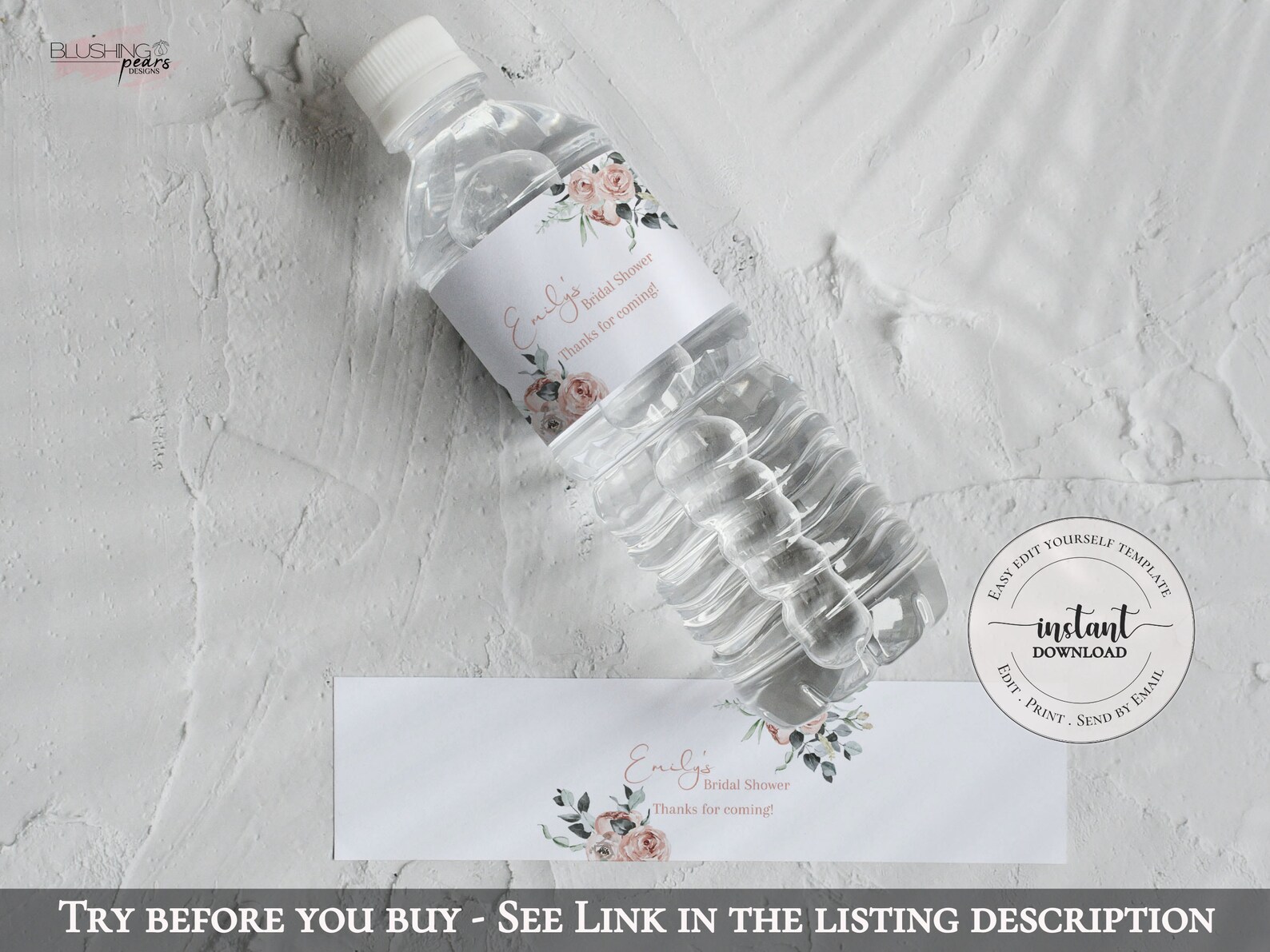 Boho Dusty Rose Water Bottle Label, Floral Bridal Shower Water Bottle ...