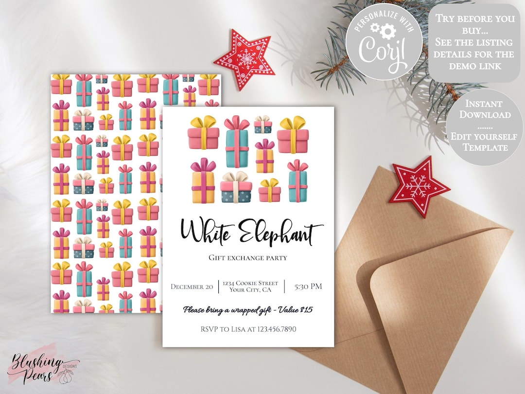 White Elephant Party Invitation, Christmas Gift Exchange Party ...
