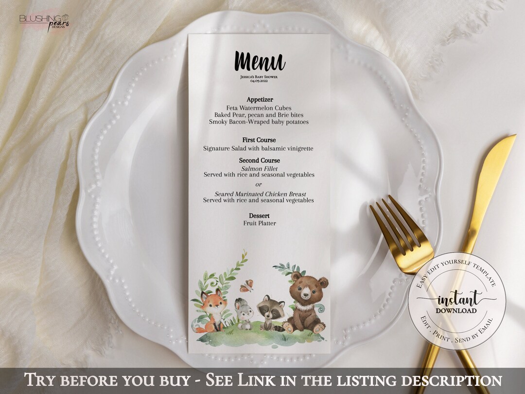 Woodland Menu Template, Greenery Forest Animals Printable Menu Card ...