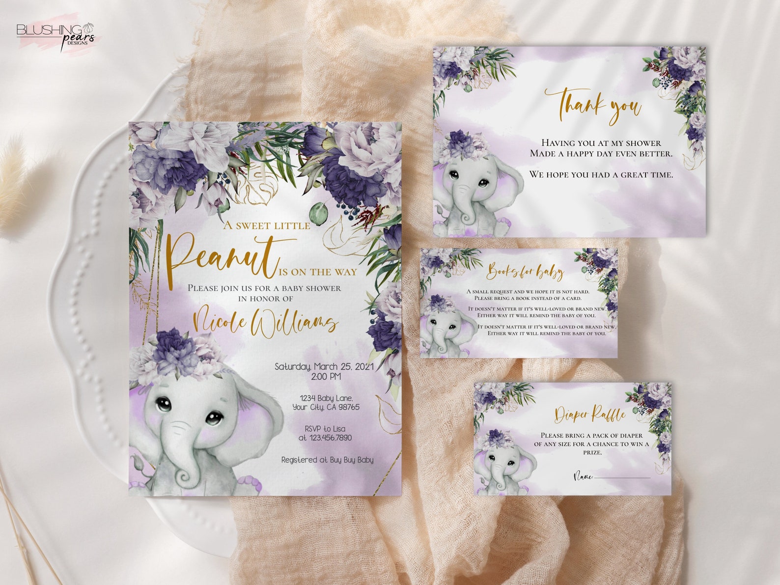 Elephant Baby Shower Invitation Bundle Purple Elephant Baby - Etsy