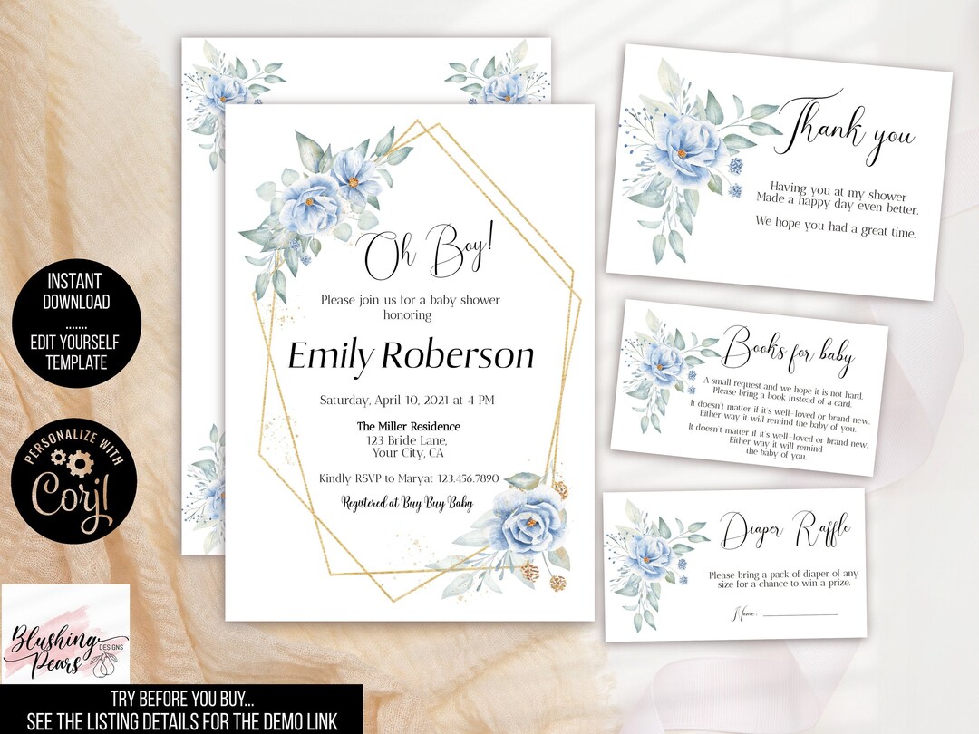 Blue Floral Baby Shower Invitation Set, Floral Baby Shower Invitation ...