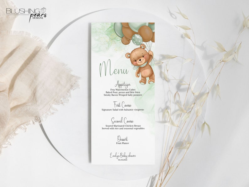 Green Teddy Bear Menu Template, We Can Bearly Wait Printable Menu Card ...