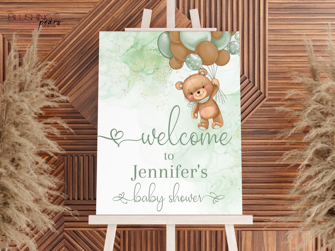 Teddy Bear Baby Shower Welcome Sign, We Can Bearly Wait Green Baby ...