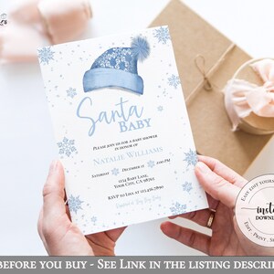 Blue Santa Baby Invitation, Christmas Baby Shower Invitation, Winter ...