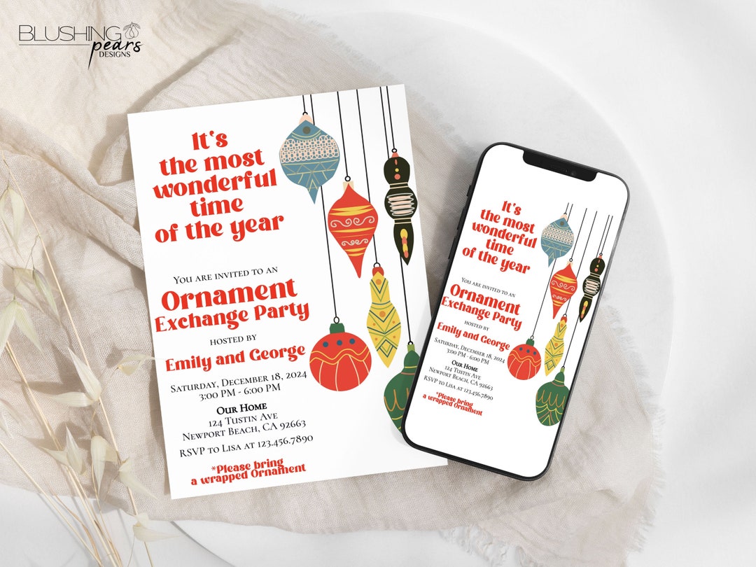 Christmas Ornament Exchange Invitation, Holiday Party Invitation, Retro ...