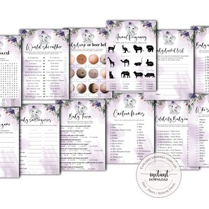 Elephant Baby Shower Games Bundle, Purple Elephant Baby Shower Games ...