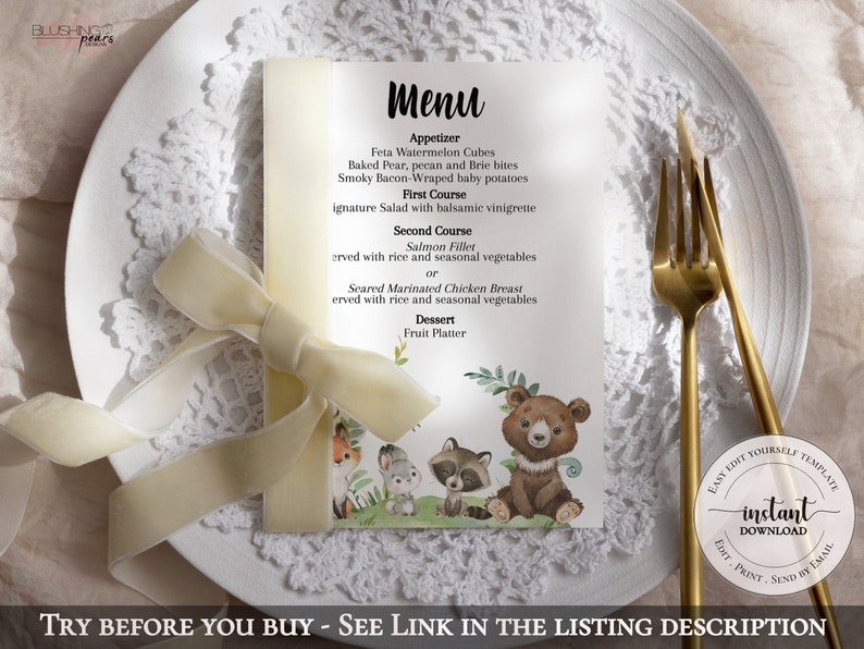 Woodland Menu Template Greenery Forest Animals Printable Menu - Etsy
