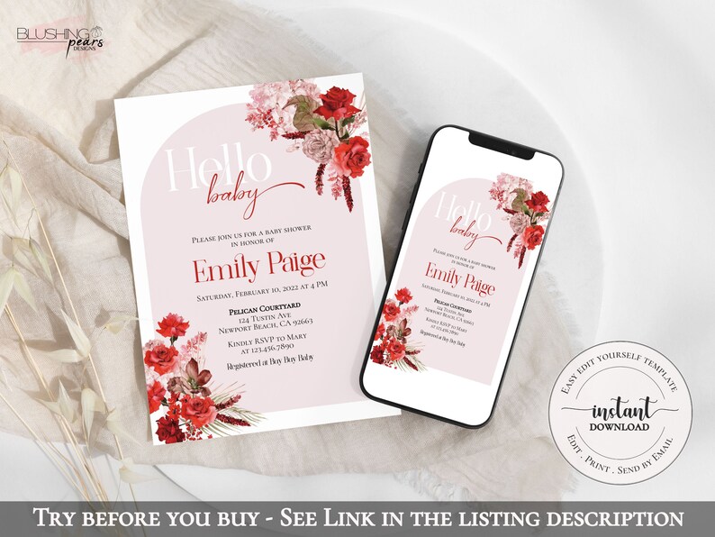 Editable Red and Pink Baby Shower Invitation Little - Etsy