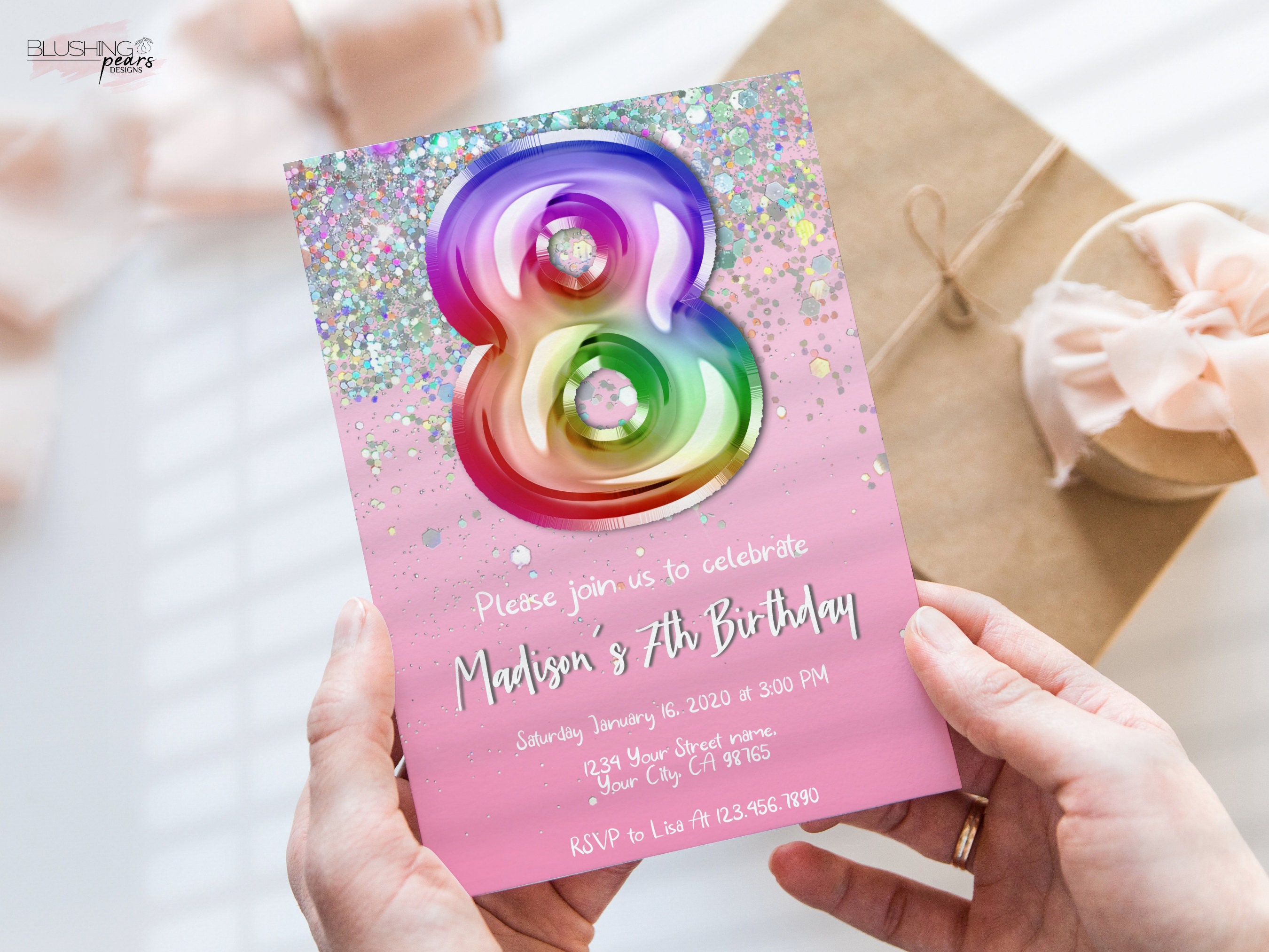 8th Birthday Invitation, Pink Glitter Birthday Invitation, Rainbow ...