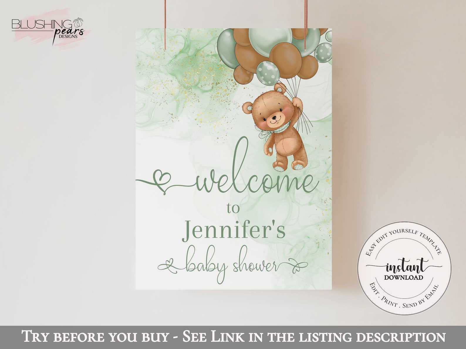 Teddy Bear Baby Shower Welcome Sign We Can Bearly Wait Green - Etsy