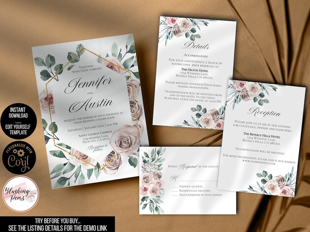 Dusty Rose Wedding Invitation Set , Boho Mauve Wedding Invitation Suite ...