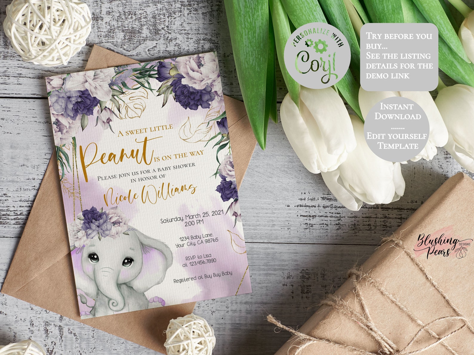 Elephant Baby Shower Invitation Bundle Purple Elephant Baby - Etsy