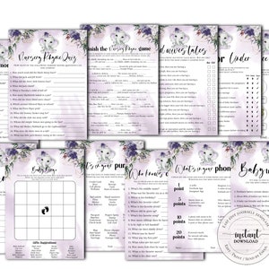 Elephant Baby Shower Games Bundle, Purple Elephant Baby Shower Games ...