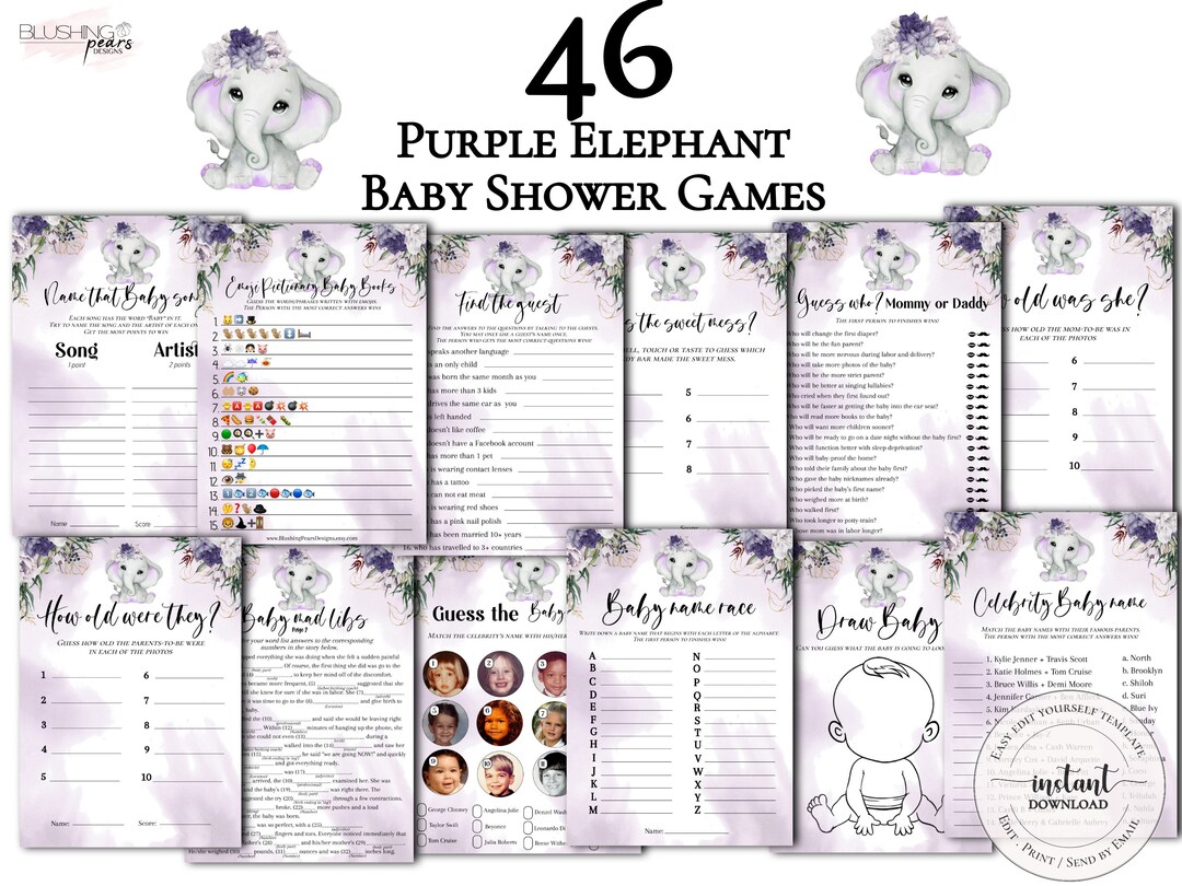 Elephant Baby Shower Games Bundle, Purple Elephant Baby Shower Games ...