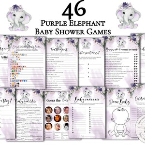 Elephant Baby Shower Games Bundle, Purple Elephant Baby Shower Games ...