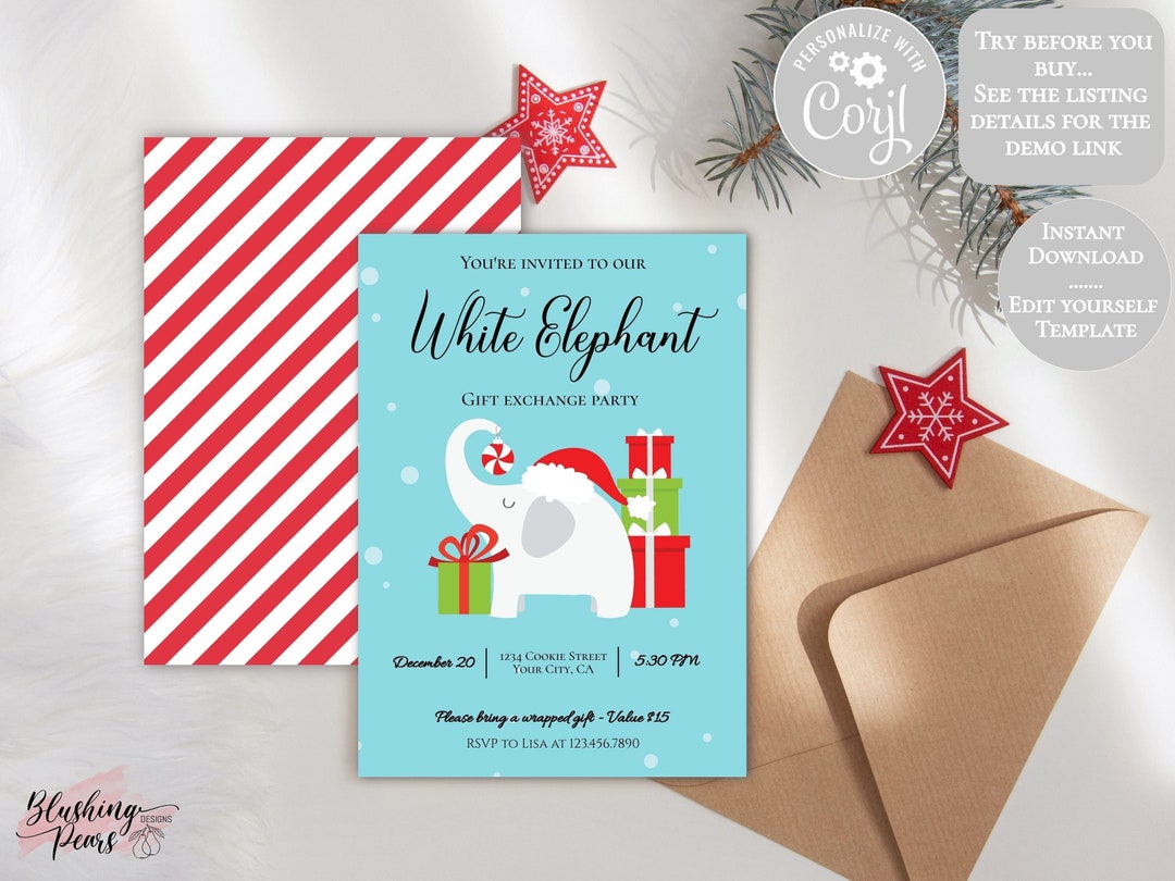 White Elephant Party Invitation, Christmas Gift Exchange Party ...
