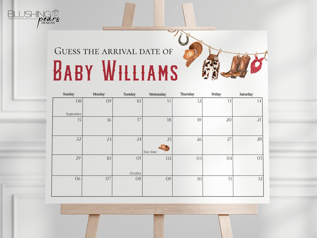 Editable Cowboy Baby Shower Due Date Calendar, A Little Cowboy is on ...