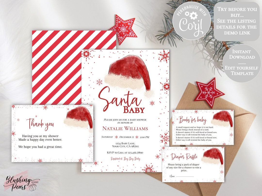 Santa Baby Invitation Set, Christmas Baby Shower Invitation Bundle ...