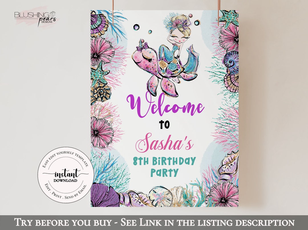 Mermaid Birthday Welcome Sign, Girl Birthday Welcome Sign, Under the ...