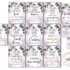Elephant Baby Shower Games Bundle, Purple Elephant Baby Shower Games ...
