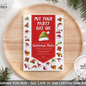 Put Your Party Hat on Christmas Party Invitations, Santa Hat Christmas ...
