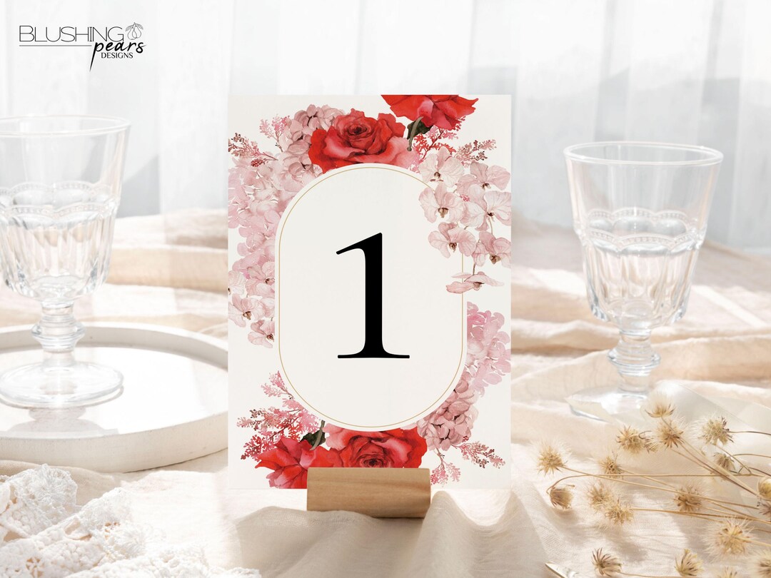 Editable Pink and Red Floral Table Number, Valentine Bridal Shower ...