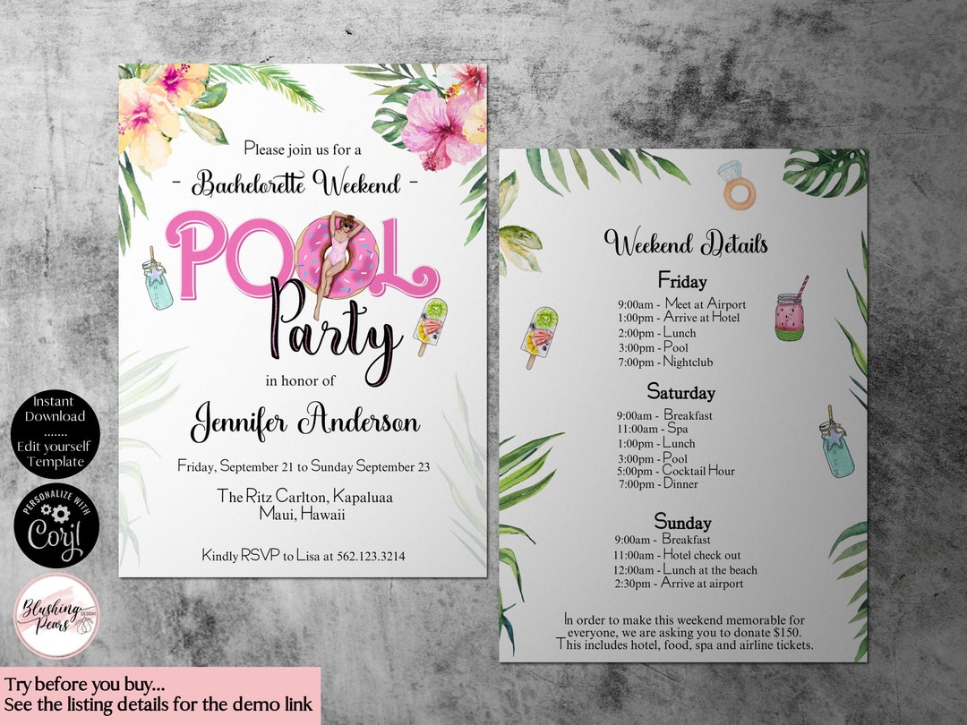 Bachelorette Pool Party Invitation and Weekend Itinerary, Bachelorette ...