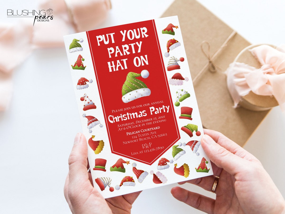 Put Your Party Hat on Christmas Party Invitations, Santa Hat Christmas ...