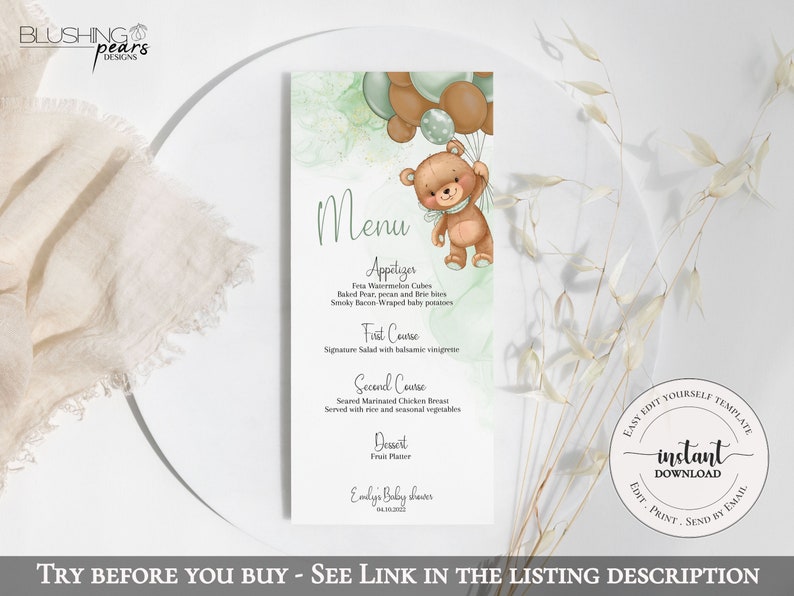 Green Teddy Bear Menu Template, We Can Bearly Wait Printable Menu Card ...