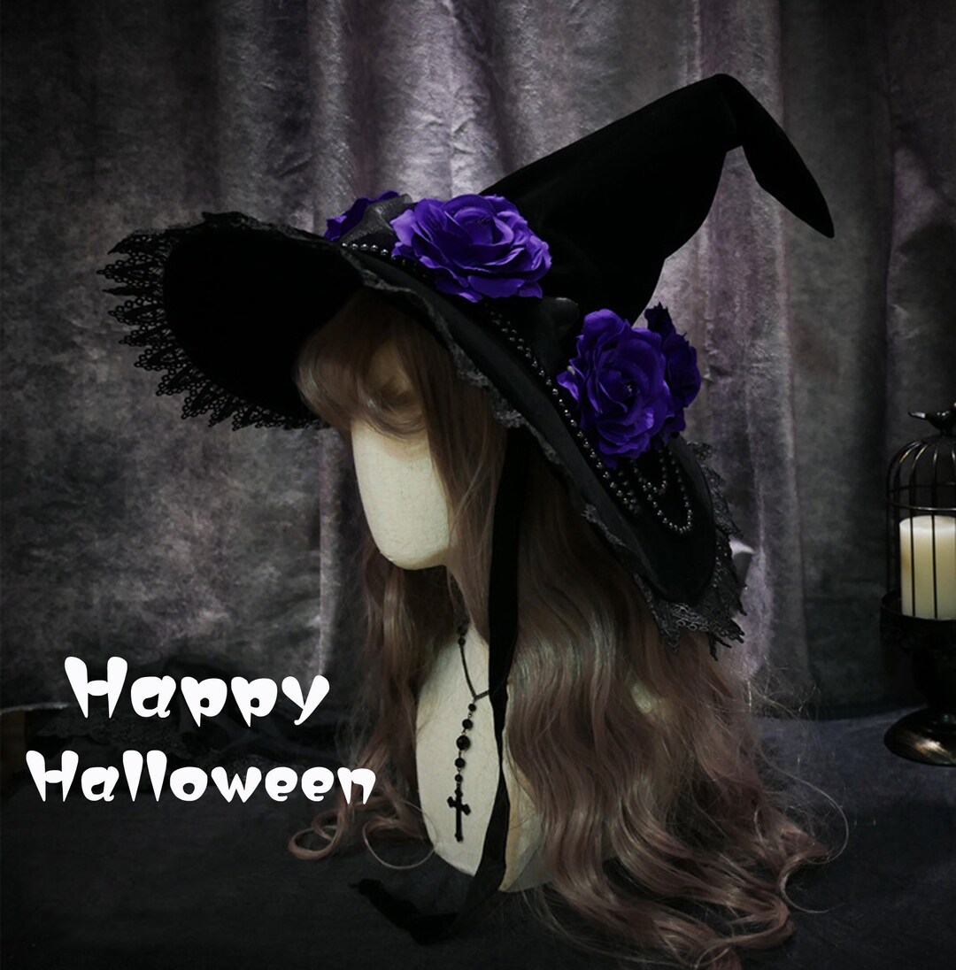 Handmade Halloween Witch Hat, Gothic Magic Costume Props Vintage Black ...