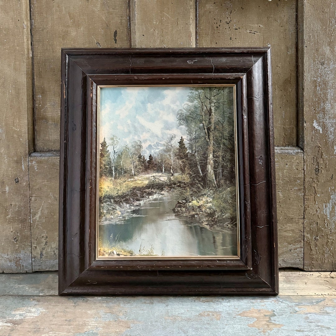 Framed Vintage Landscape Print Muted Colors Stream in Wilderness Scene ...