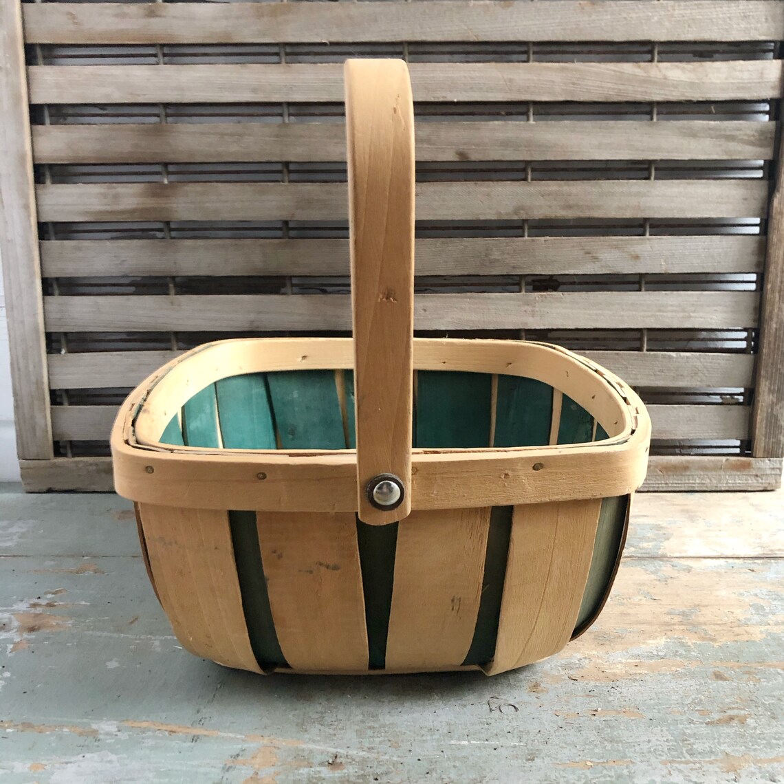Vintage Green and Wood Slat Basket With Handle - Etsy