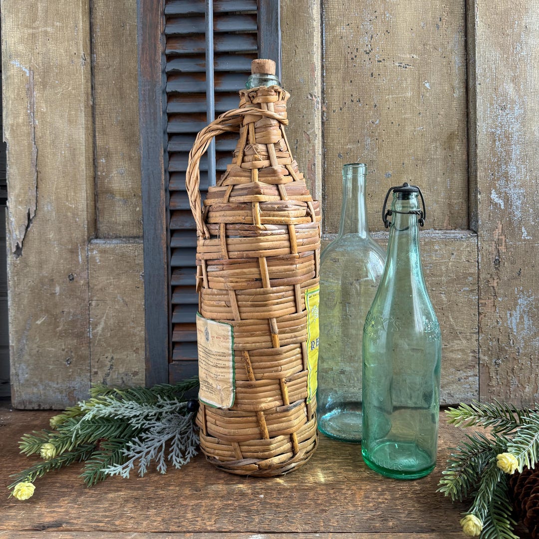 Large Vintage Demijohn - Wicker Wrapped Aqua Glass Demijohn - Greek ...