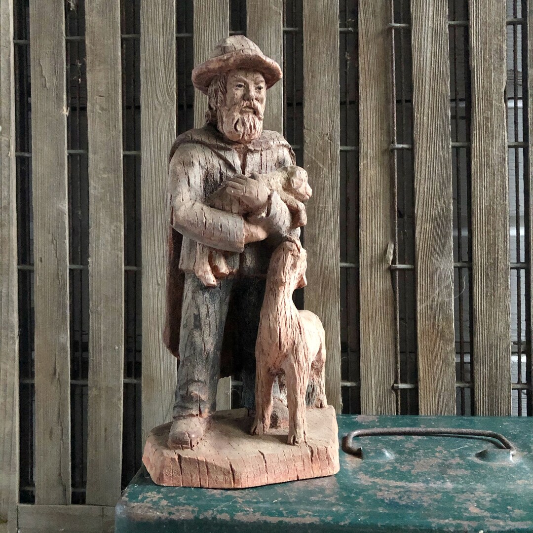 Wood Statue of Shepherd Man With Goats - Made in France - Handgemalt - Etsy