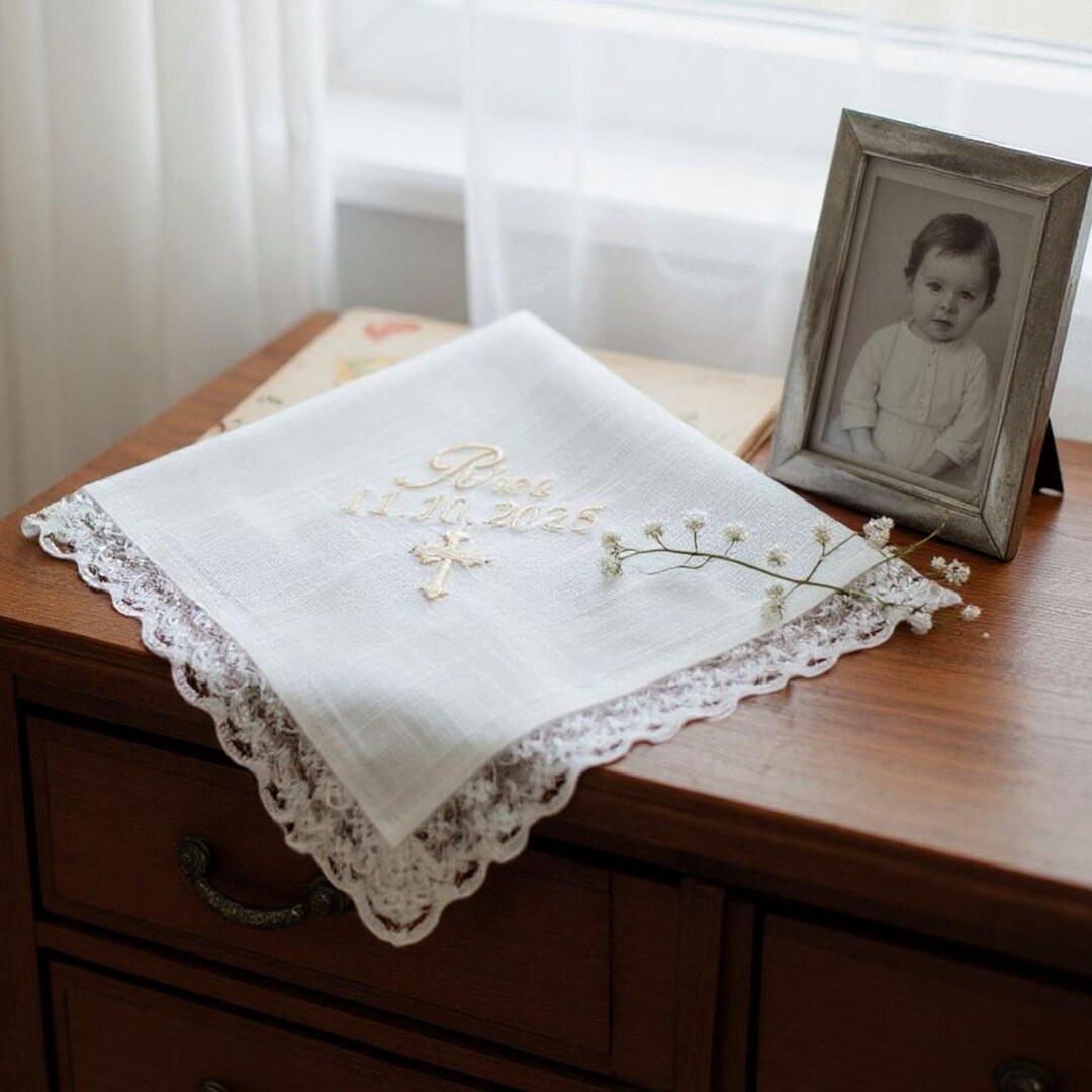 Cross Handkerchief Linen/ Custom Embroidered Hanky Personalized/ Boy ...