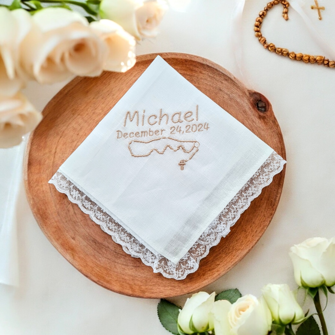 Cross Handkerchief Linen Custom Embroidered With Lace and Rosary/ Boys ...