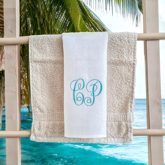 White Blue Monogram Face Hand Towels Linen Custom Embroidered Pool Party Personalized Decor Host Gift Marriage Presents New Home Gift Her Etsy UK