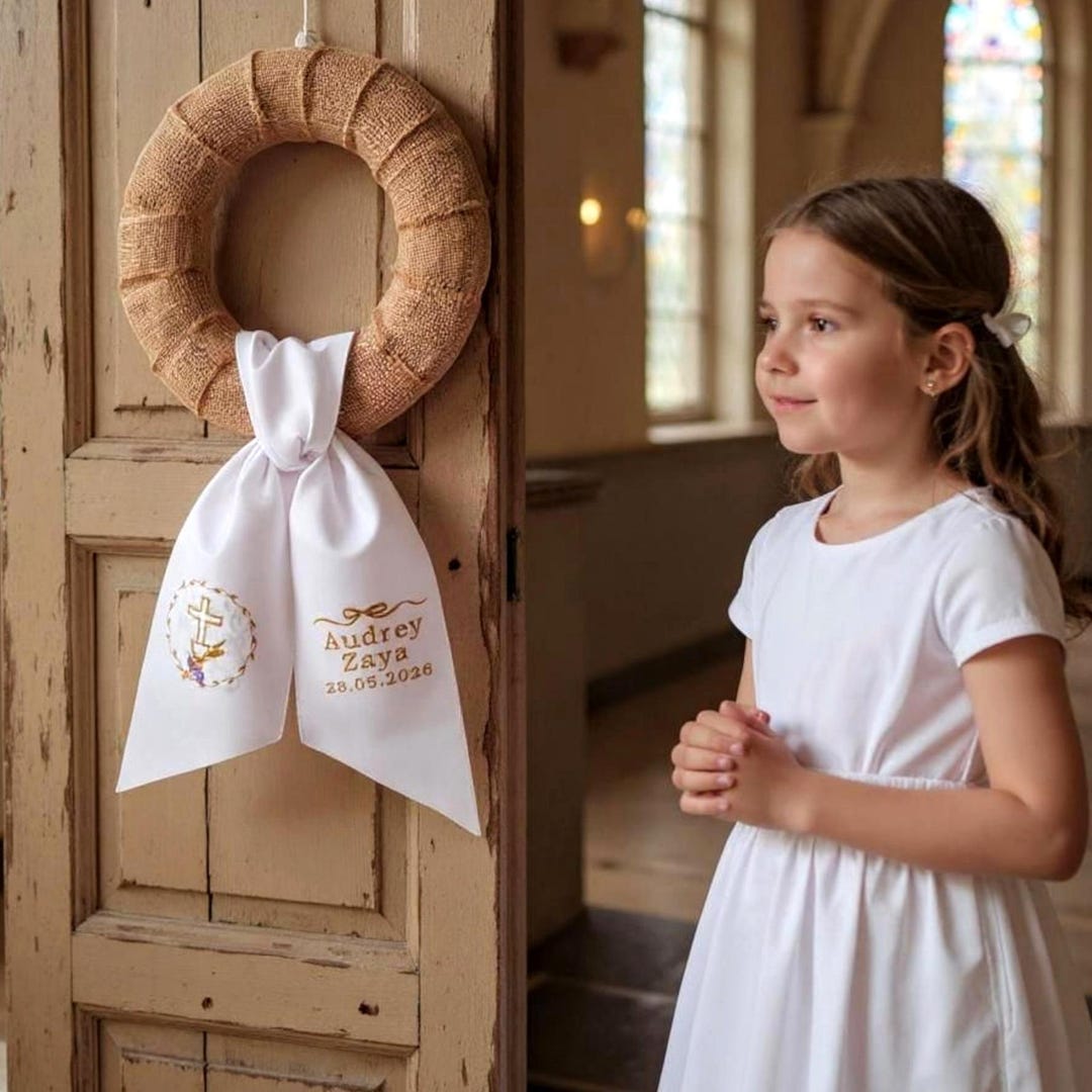 Embroidered Linen Wreath Sash: Personalized Cross, First Communion Gift ...