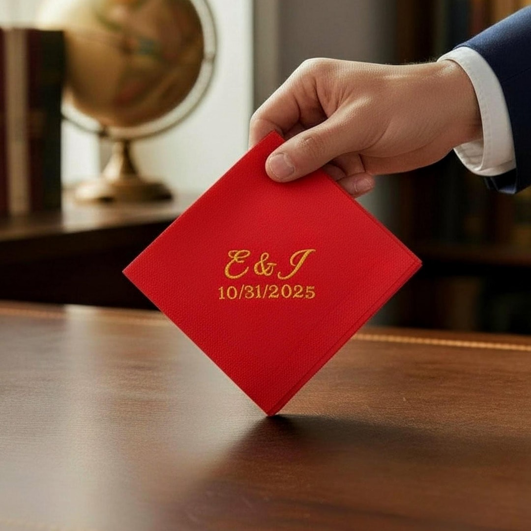 Lenço de linho vermelho e dourado para casamento, bordado à mão ...