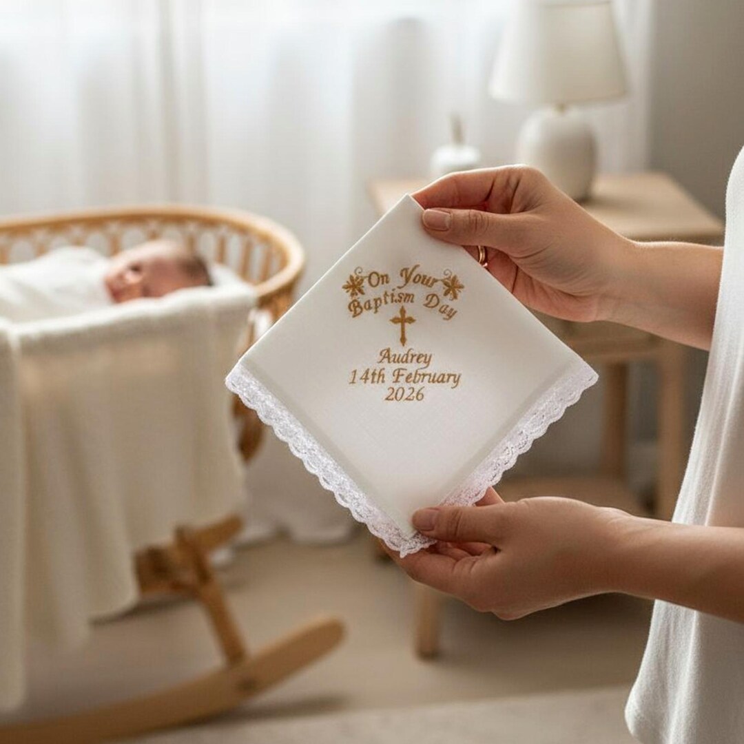 Baptism Gift Girl Linen Handkerchief With Cross Custom Embroidered ...