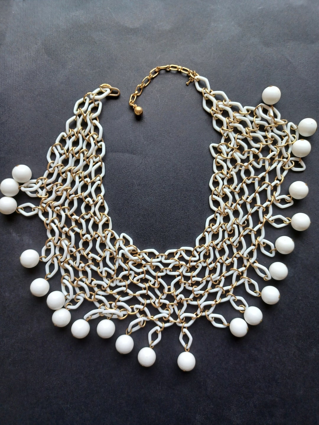 Trifari Crown Goldtone "fishnet" Necklace White With Dangle Beads ...
