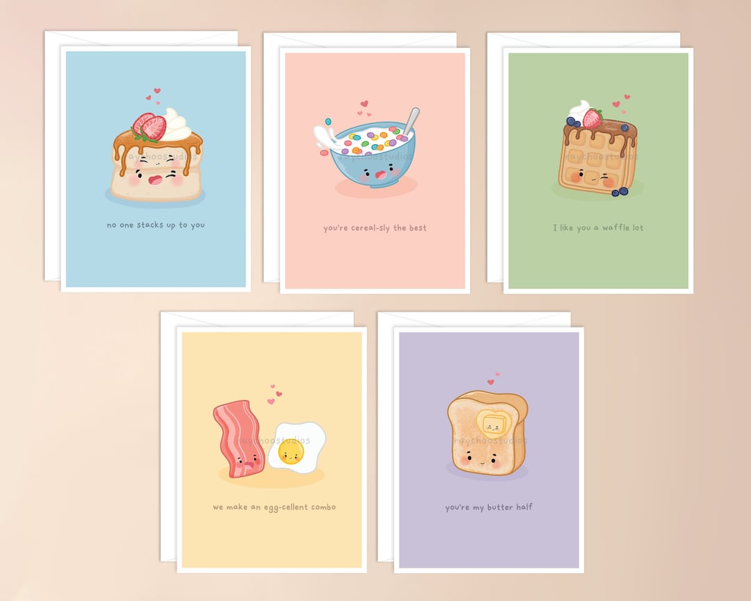 Breakfast Buddies Greeting Card Pack | Punny Food, Kawaii Stationary ...