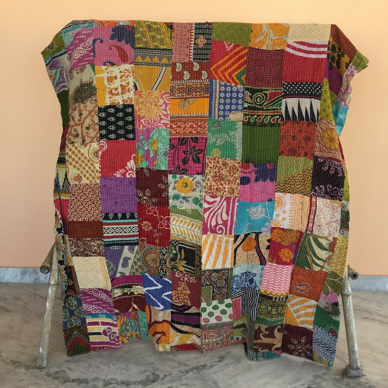 Handmade Patchwork Quilt Queen Size Kantha Quilts Old Fabric Patchwork ...