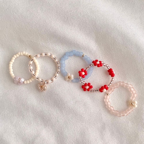 Colorful Pastel Flower Bead Rings / Cute Flower Beaded Rings / - Etsy