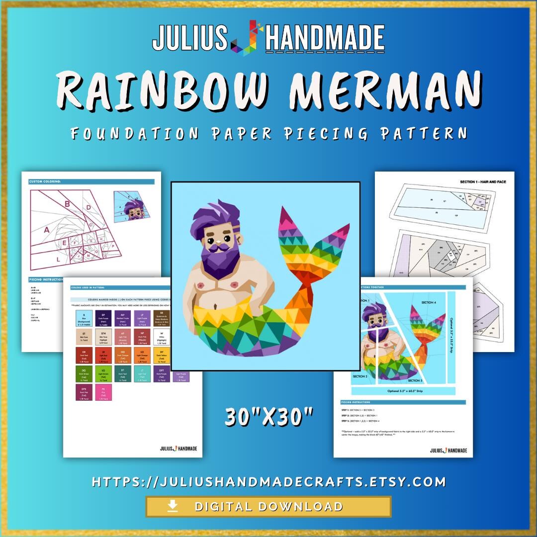 FPP - 30" Rainbow Merman Quilt Block - Foundation Paper Piece Pattern ...