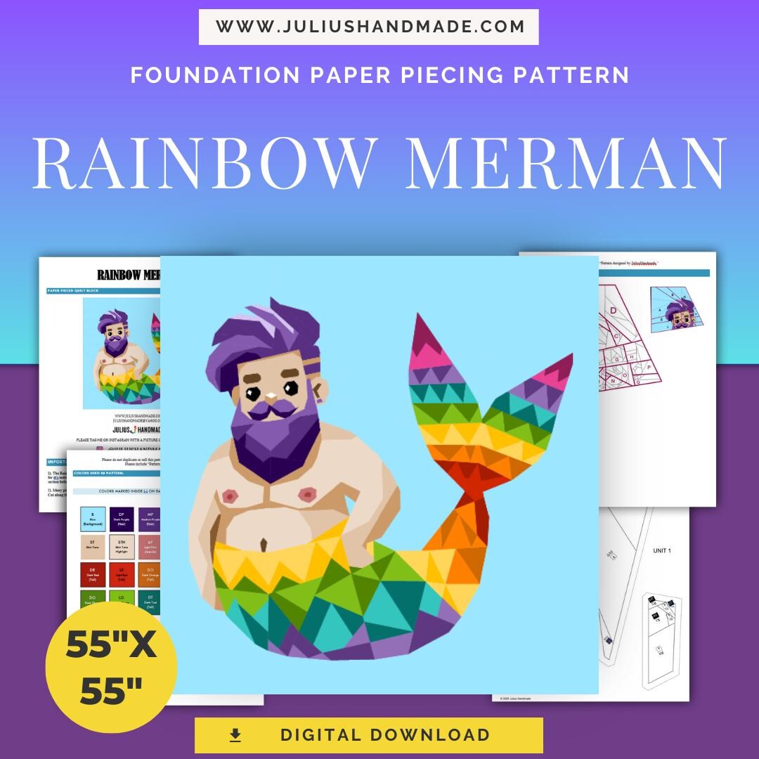 FPP - 55" Rainbow Merman Quilt Block - Foundation Paper Piece Pattern ...