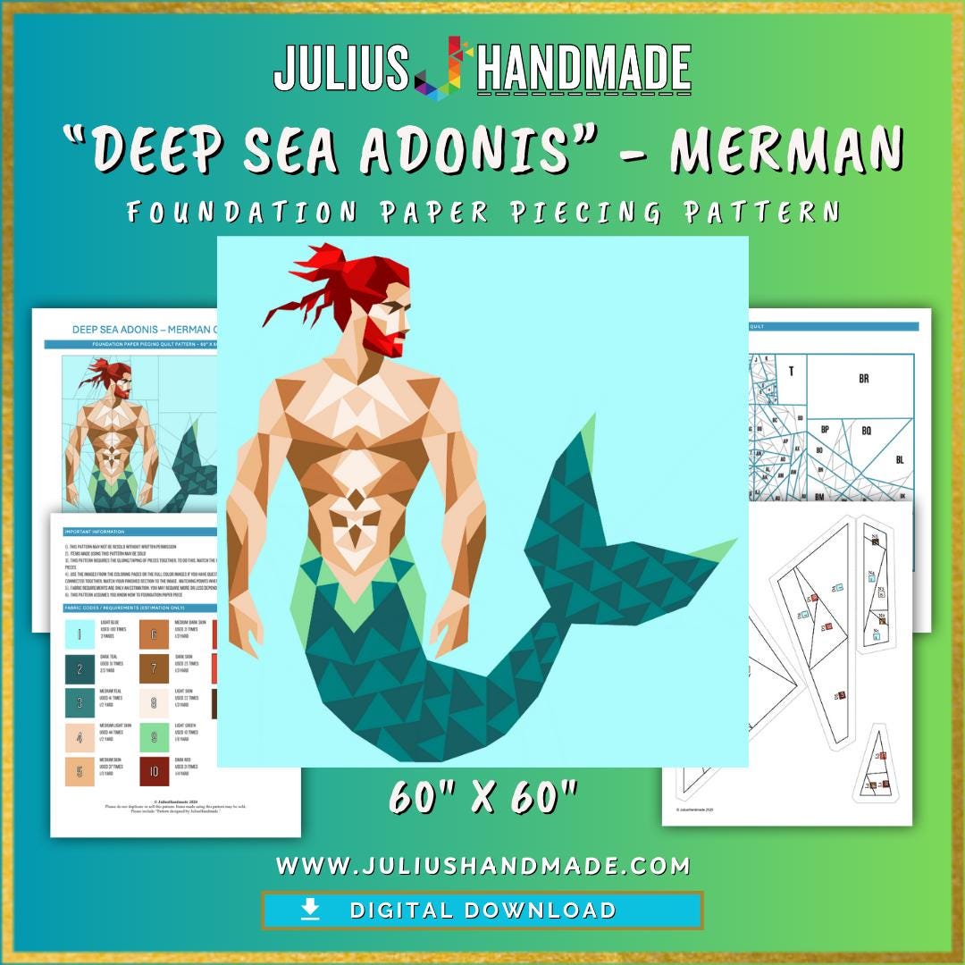 FPP - 60" Deep Sea Adonis - Merman Quilt Block - Foundation Paper Piece ...