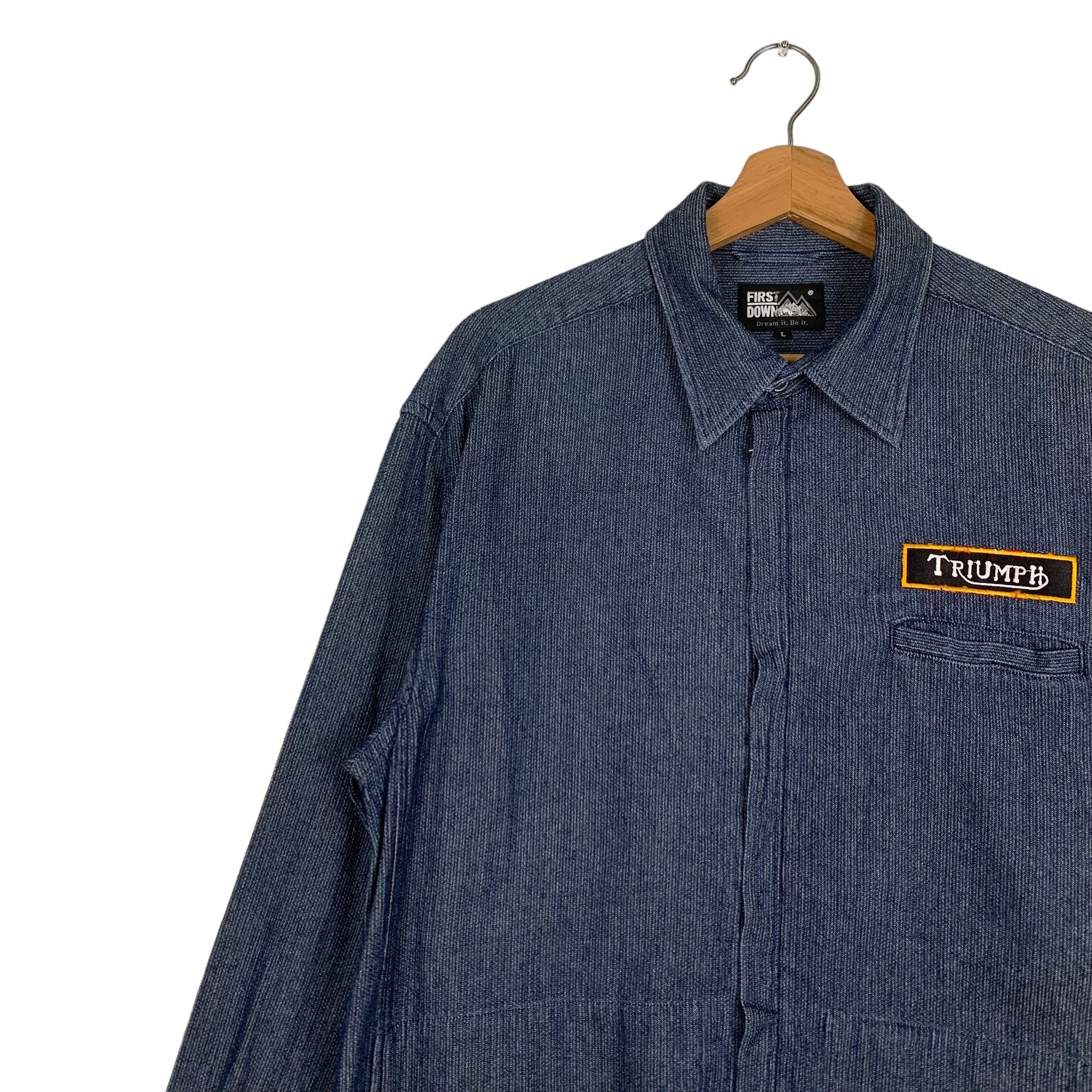 Vintage FIRST DOWN Triumph Patches Logo Denim Jacket Size L Casual ...