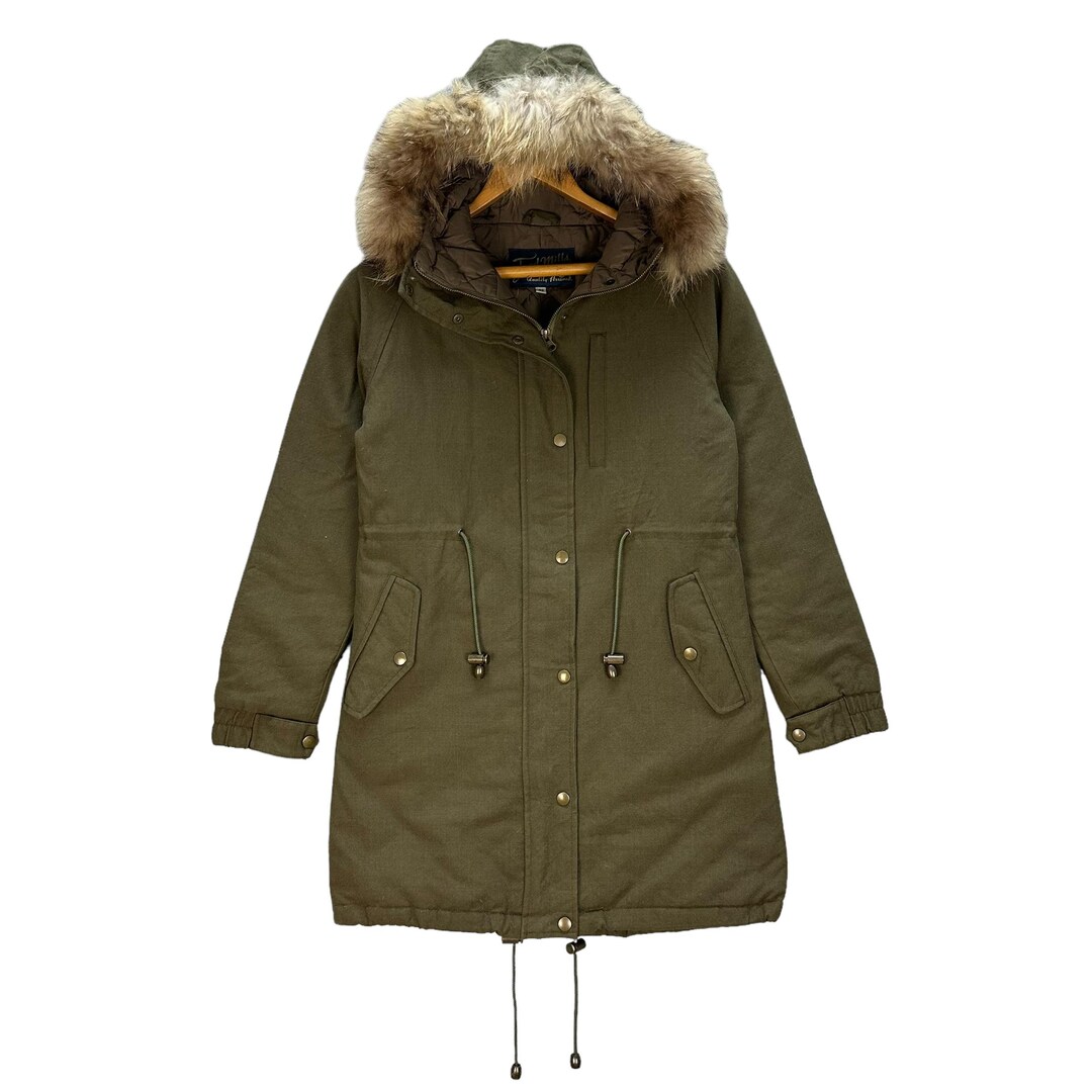 Vintage FORD MILLS Raccoon Fur Hooded Down Wool Parka Olive Green Size ...